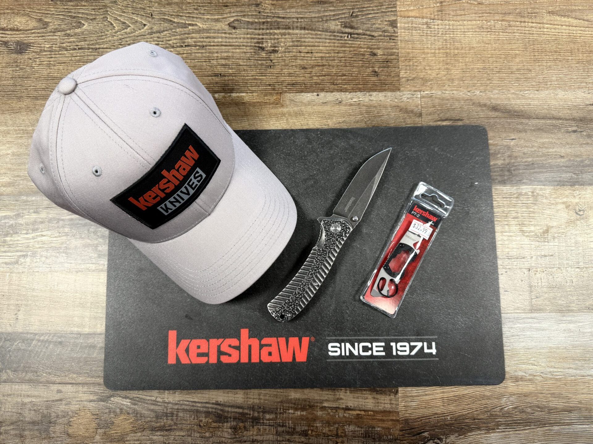KERSHAW MODEL 1301BW "STARTER" BUNDLE PLUS, WITH GRAY LOGO HAT, AND PT-2 KEYCHAIN TOOL - AVBOX US
